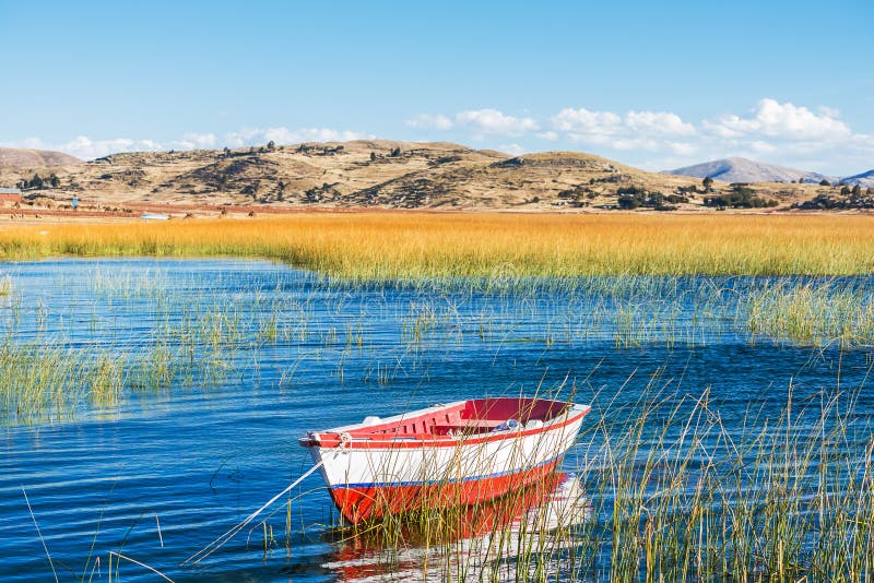 Boat in Titicaca Lake Peruvian Andes at Puno Peru Stock Image - Image ...