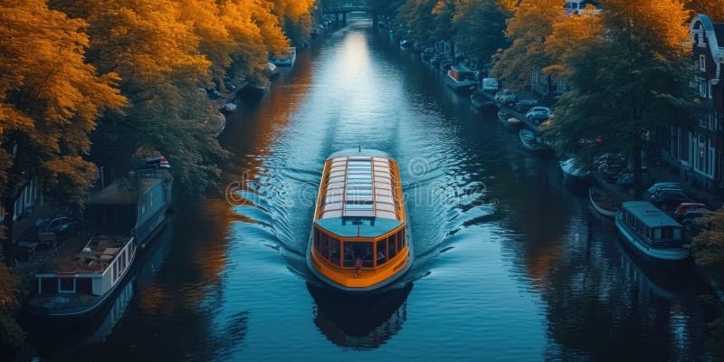A Boat Traveling Down a River Surrounded by Trees Stock Image - Image ...