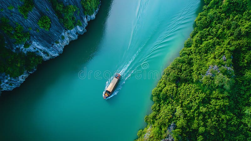 A Boat is Traveling Down a River with Trees on Both Sides Stock Image ...