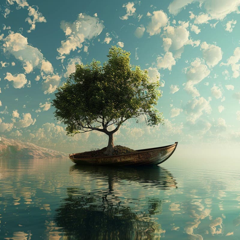 Boat with Tree Onboard Whimsical Blend of Nature and Adventure Stock ...