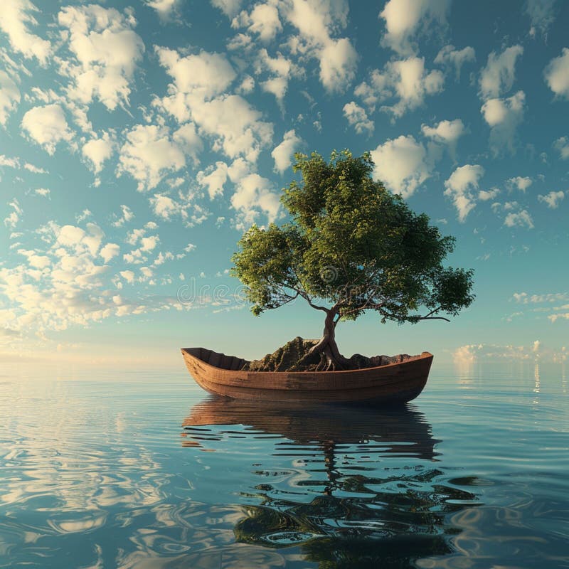 Boat with Tree Onboard Whimsical Blend of Nature and Adventure Stock ...