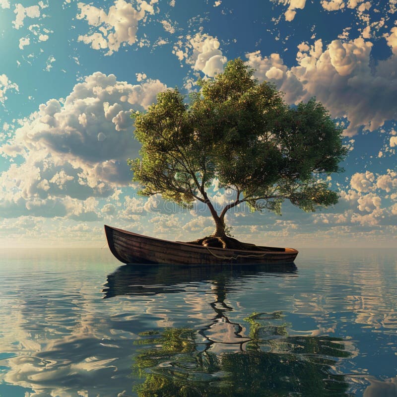 Boat with Tree Onboard Whimsical Blend of Nature and Adventure Stock ...