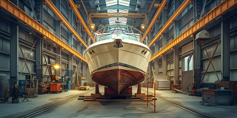 Boat Undergoing Repairs Inside a Workshop in a Warehouse with AI ...