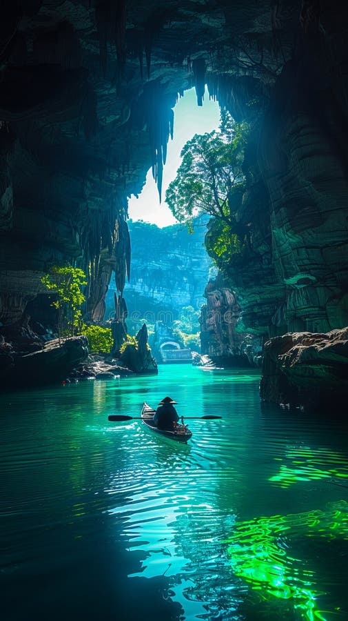 A Boat in the Water in Front of a Cave Stock Photo - Image of green ...