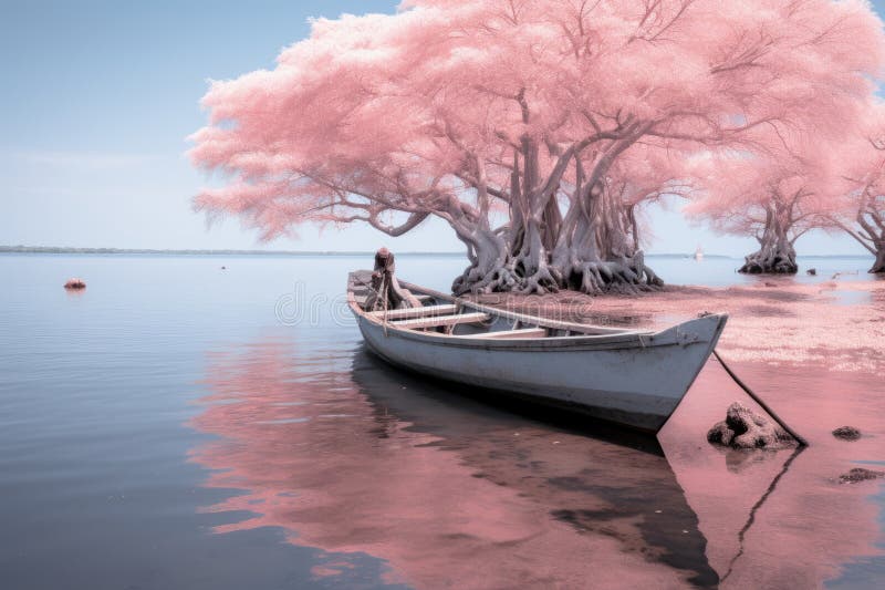 A Boat on the Water Next To a Pink Tree Stock Illustration ...