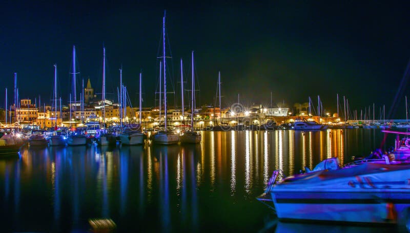 Boats in Alghero Harbor at Night Stock Photo - Image of island, scenery ...