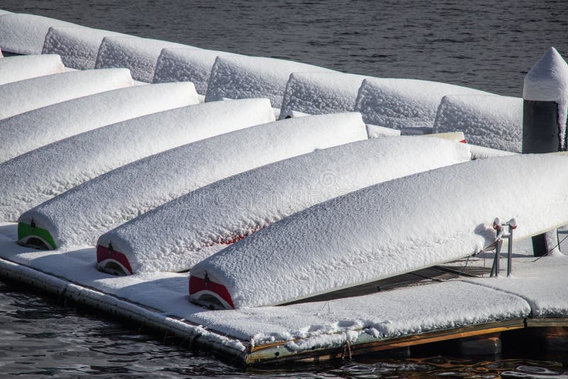 Boats Covered in Snow Along the Charles River. Stock Image - Image of ...