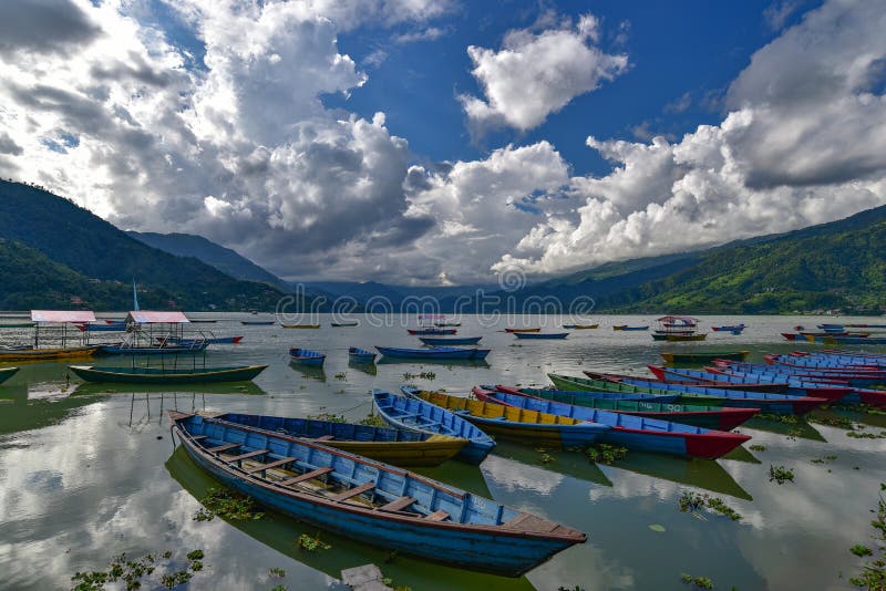 Boats on Fewa Lake in Pokhara Stock Photo - Image of beautiful, scenic ...
