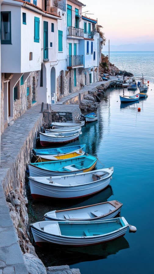 Boats Gently Float in a Serene Mediterranean Harbor at Sunset, AI Stock ...