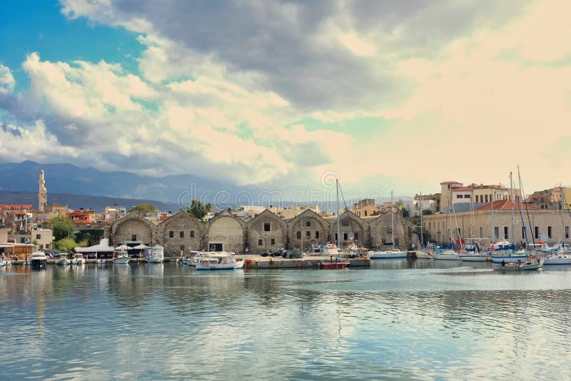 Boats at Harbor in Heraklion, Crete Stock Photo - Image of cruise, ruin ...