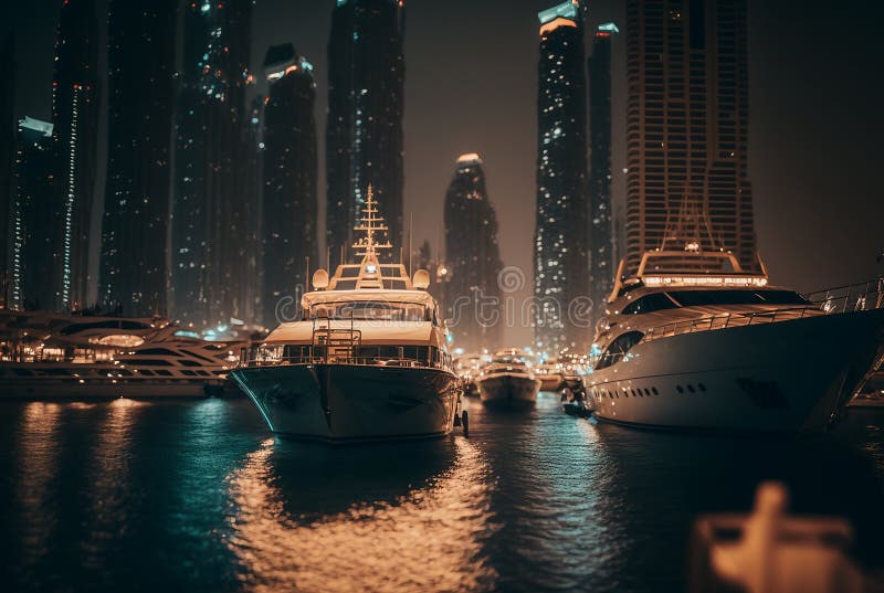 Boats in the Harbor at Night. Illustration Generative AI Stock ...