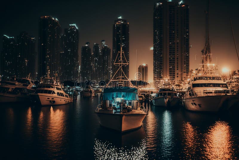 Boats in the Harbor at Night. Illustration Generative AI Stock ...