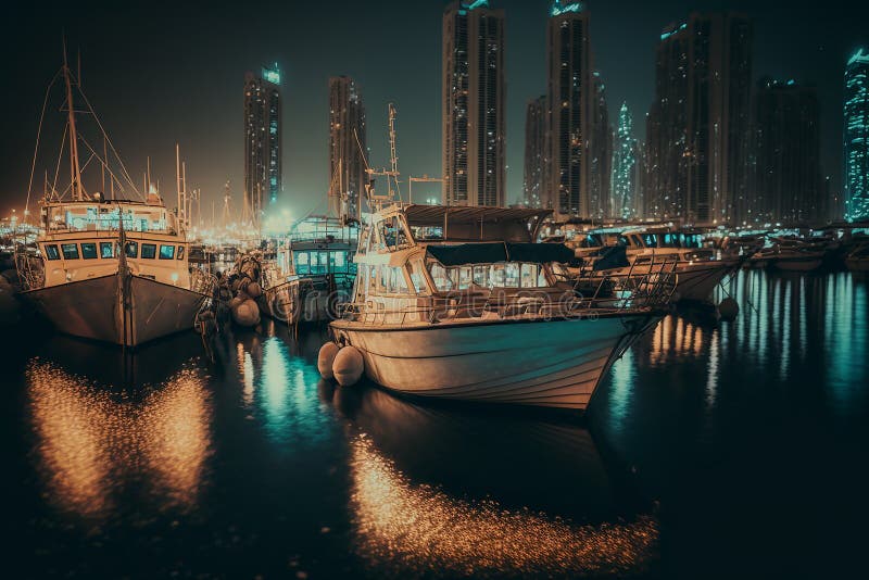 Boats in the Harbor at Night. Illustration Generative AI Stock ...