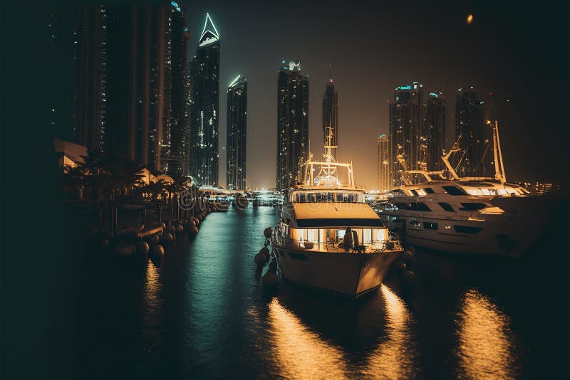 Boats in the Harbor at Night. Illustration Generative AI Stock ...