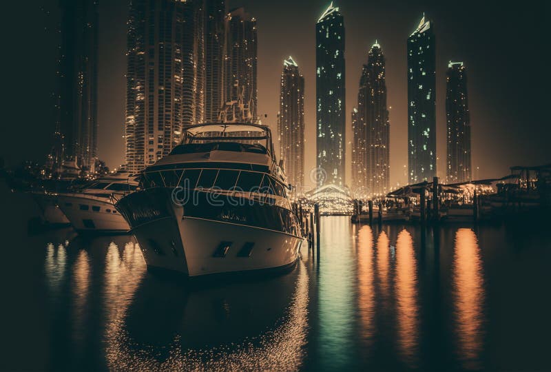 Boats in the Harbor at Night. Illustration Generative AI Stock ...