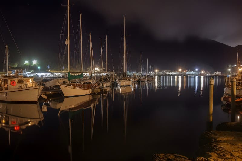 Boats in the Harbor at Night, Neural Network Generated Image Stock ...