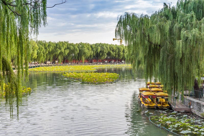 Boats at the Jetty Under Willow Trees in Beihai Park in Beijing ...