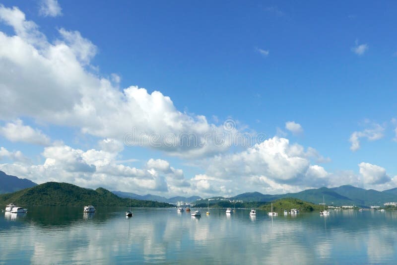 Boats, Lake and Blue Sky with Reflection Shadow Stock Photo - Image of ...