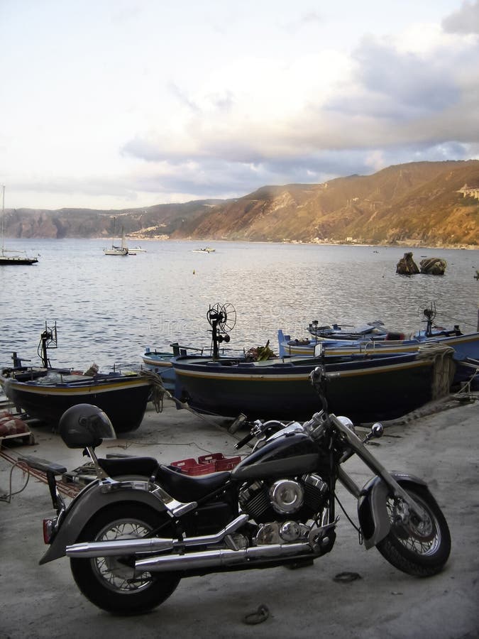 Boats and Motorcycle on the Beach Stock Photo - Image of marine ...