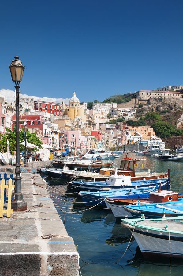 Boats in Procida Harbour, Italy Stock Image - Image of town, church ...