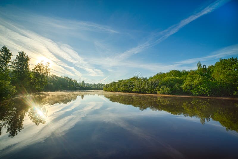 Boats on River at Beautiful Summer Sunrise Stock Photo - Image of blue ...