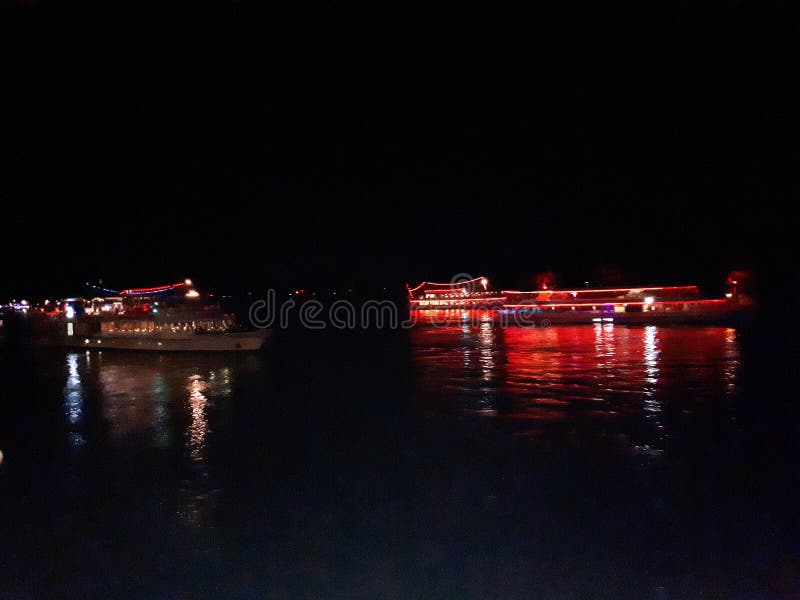 Boats on the River at Night Stock Image - Image of lifestyle, lights ...