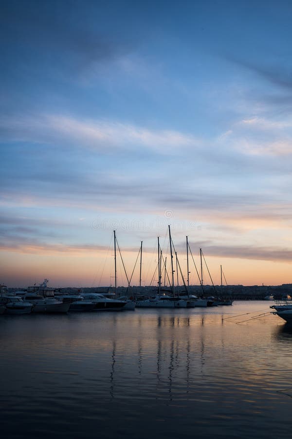 Boats, Sailboats in the Harbor at Sunset Editorial Stock Image - Image ...