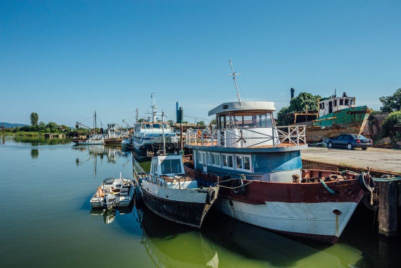 Boats and Small Ships in Harbor Stock Photo - Image of fishermen ...