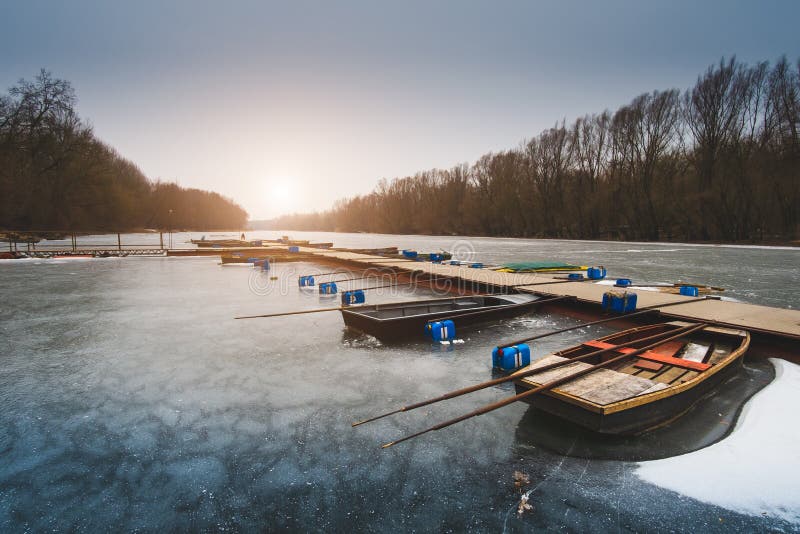 Boats on winter dock stock photo. Image of snow, scenic - 184694304