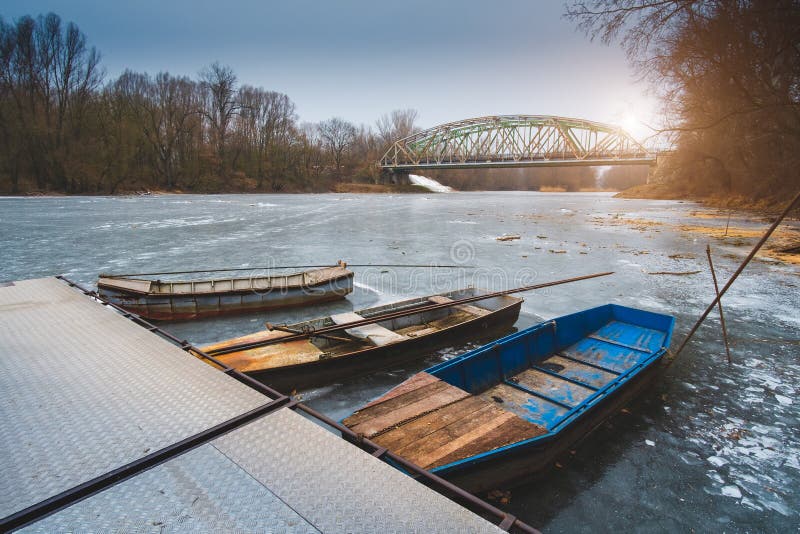 Boats on winter dock stock photo. Image of pier, background - 184694456