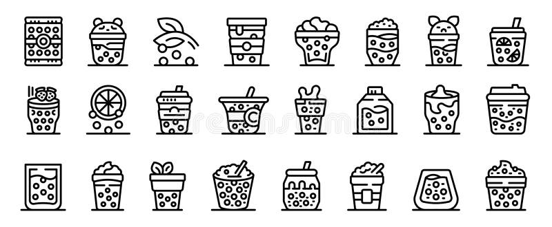 Boba Icons Set Outline Vector. Bubble Cup Drink Stock Vector ...