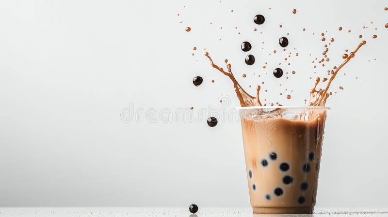 Boba Milk Tea Splashes Dynamically from a Glass with Tapioca Pearls in ...