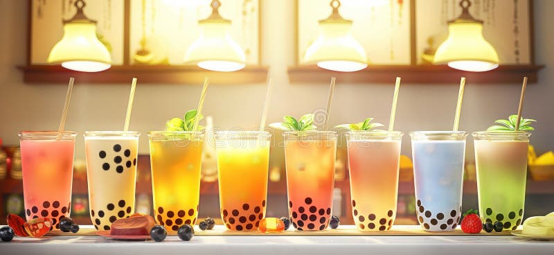 Boba Tea Advertising Banner in Row Featuring Various Refreshing Drinks ...