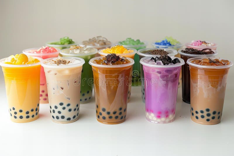 Boba Tea in Plastic Cups of Various Colors, White Background, Front ...