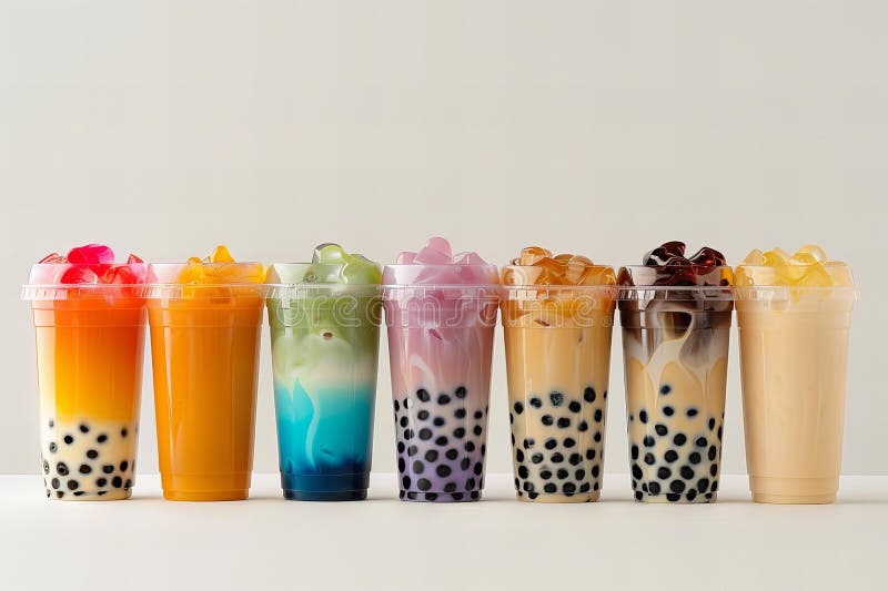 Boba Tea in Plastic Cups of Various Colors, White Background, Front ...