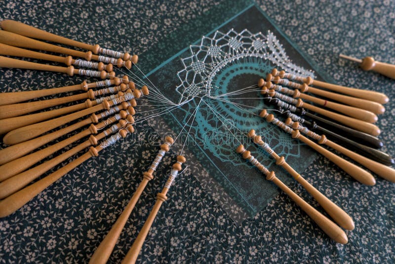 Bobbin Lace Work on Blue Background Stock Photo - Image of tradition ...