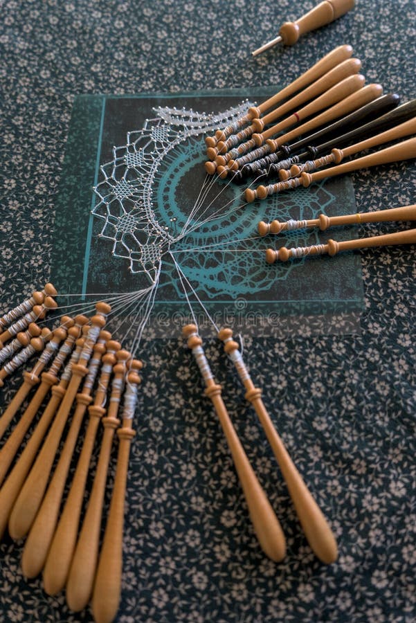 Bobbin Lace Work on Blue Background Stock Photo - Image of feminine ...