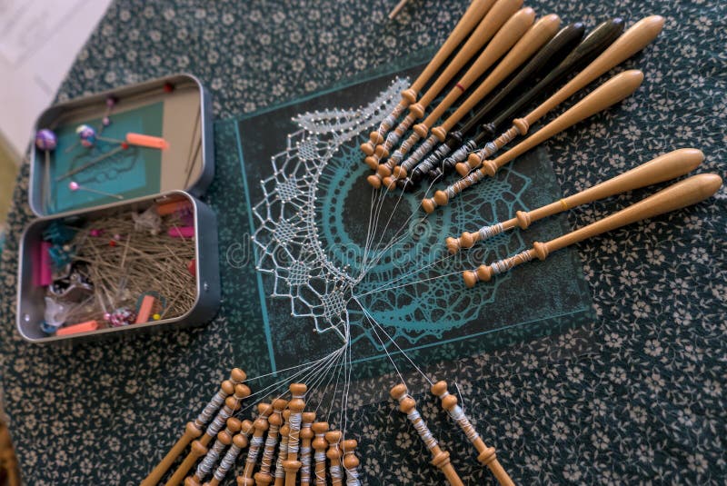 Bobbin Lace Work on Blue Background Stock Image - Image of undefined ...