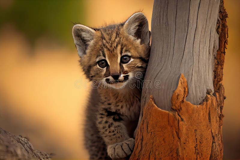 Bobcat Cub Climbing Tree Trunk Stock Image - Image of feline, animal ...