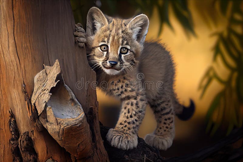 Bobcat Cub Climbing Tree Trunk Stock Photo - Image of animal ...