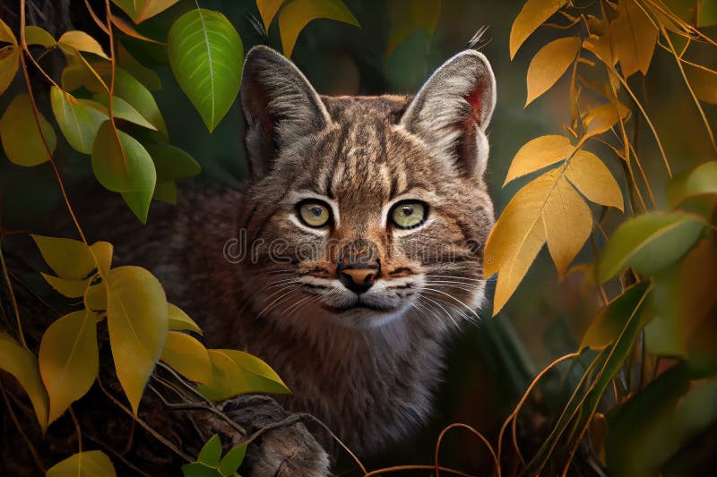 Bobcat in the Forest, Hidden among Foliage Stock Illustration ...