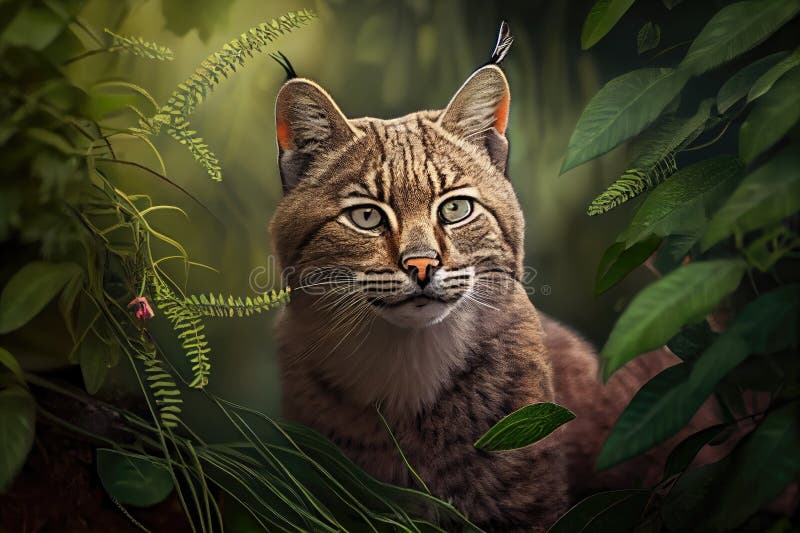 Bobcat in the Forest, Surrounded by Greenery Stock Illustration ...