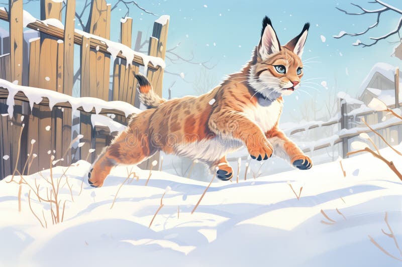 A Bobcat Leaping Over a Drift on a Snowbound Trail Stock Photo - Image ...