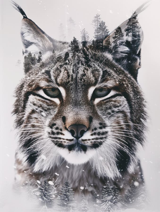Bobcat Lynx Poster Art with Double Exposure of Forest Wilderness Stock ...
