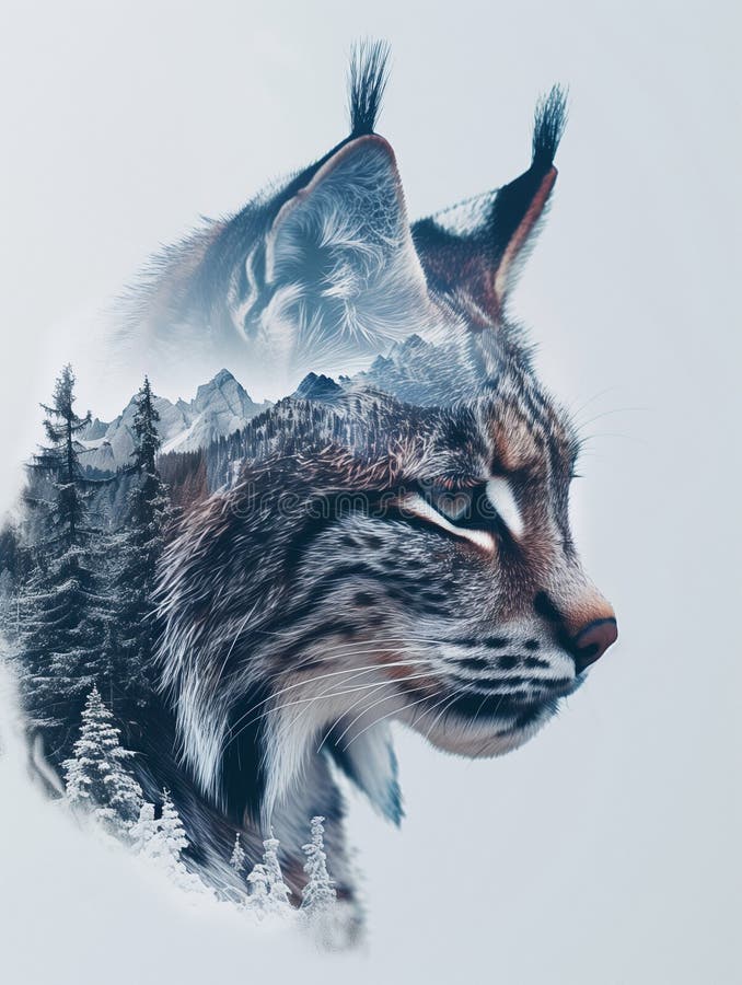 Bobcat Lynx Poster Art with Double Exposure of Forest Wilderness Stock ...