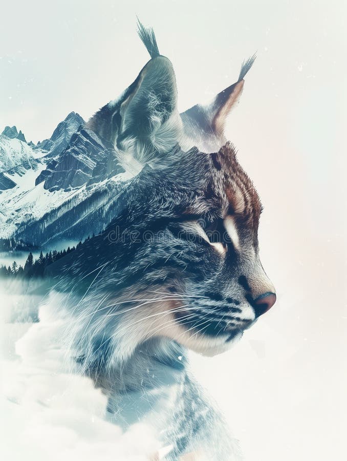 Bobcat Lynx Poster Art with Double Exposure of Forest Wilderness Stock ...