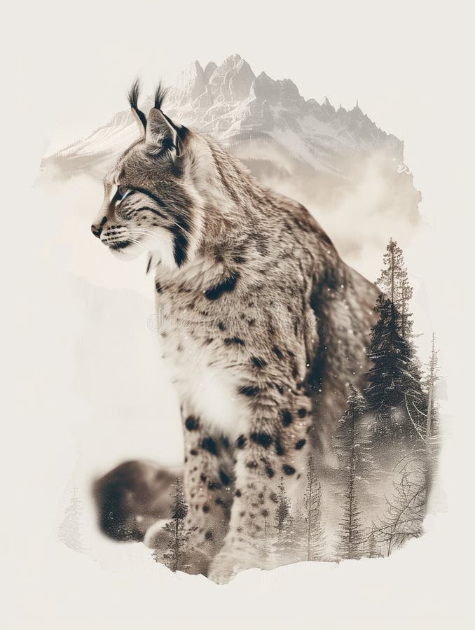 Bobcat Lynx Poster Art with Double Exposure of Forest Wilderness Stock ...
