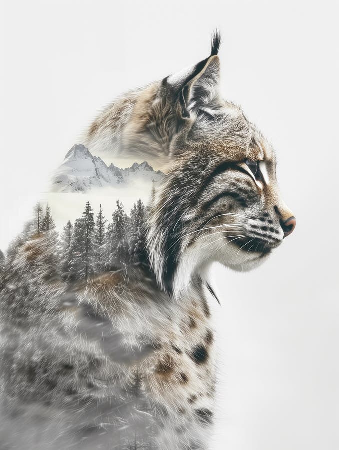 Bobcat Lynx Poster Art with Double Exposure of Forest Wilderness Stock ...