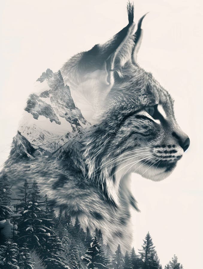 Bobcat Lynx Poster Art with Double Exposure of Forest Wilderness Stock ...