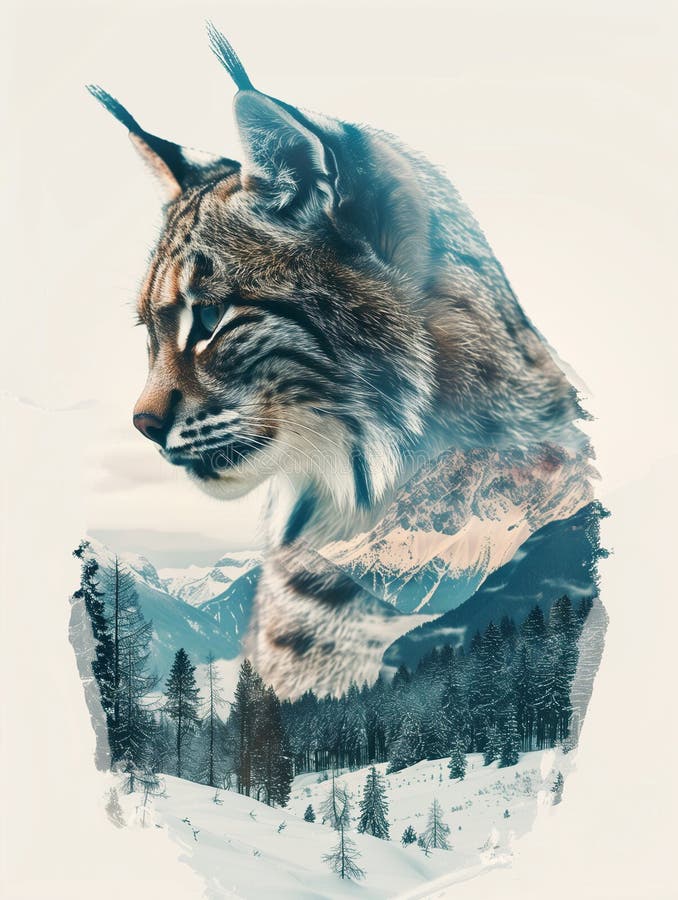 Bobcat Lynx Poster Art with Double Exposure of Forest Wilderness Stock ...